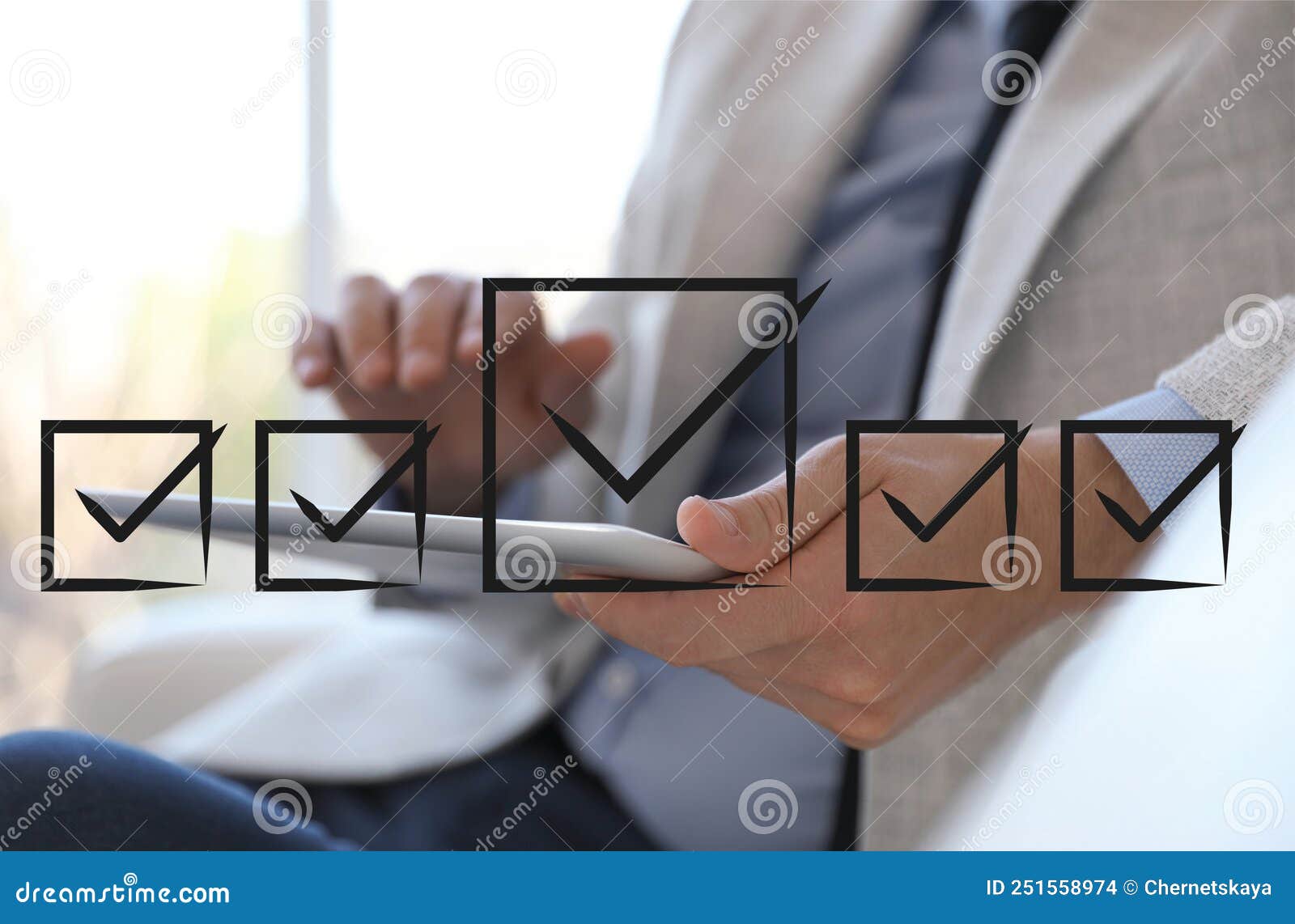 Illustration of Check Boxes with Marks and Man Using Tablet, Closeup ...