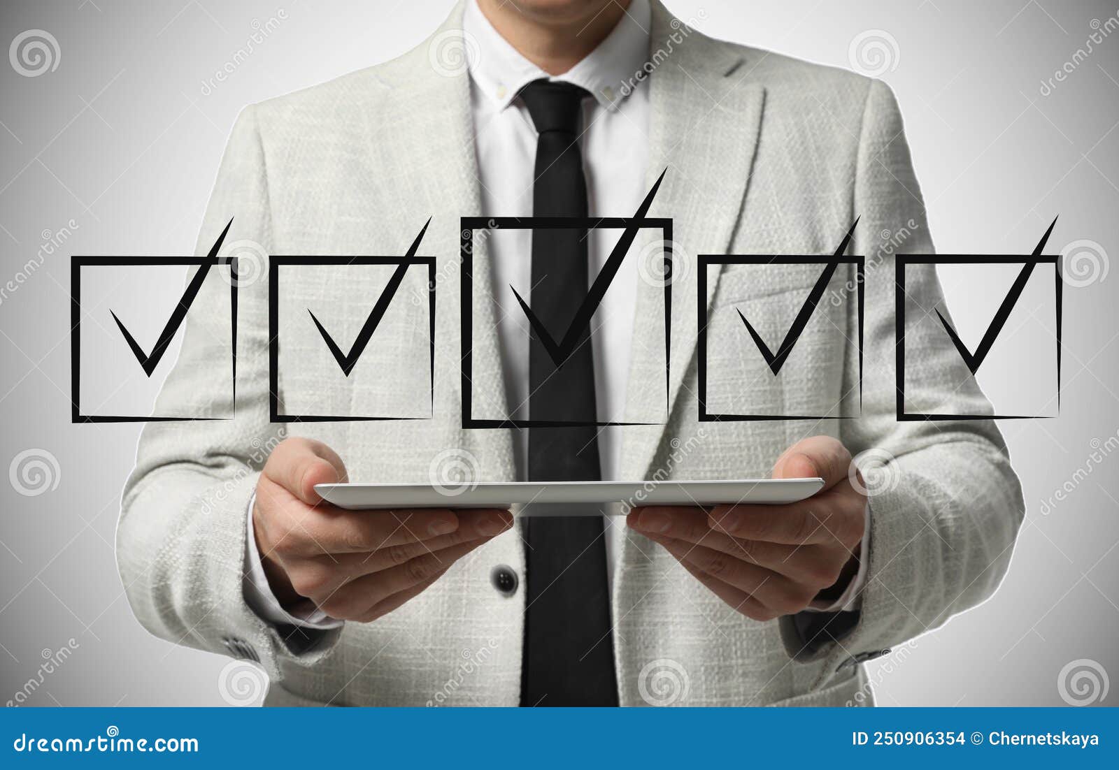 Illustration of Check Boxes with Marks and Man Using Tablet on Light ...