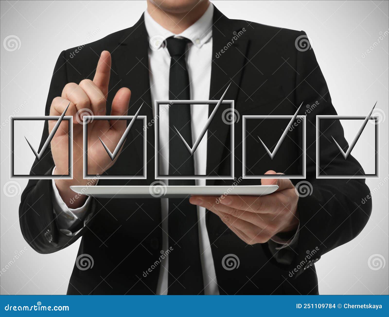 Illustration of Check Boxes with Marks and Man Using Tablet on Light ...