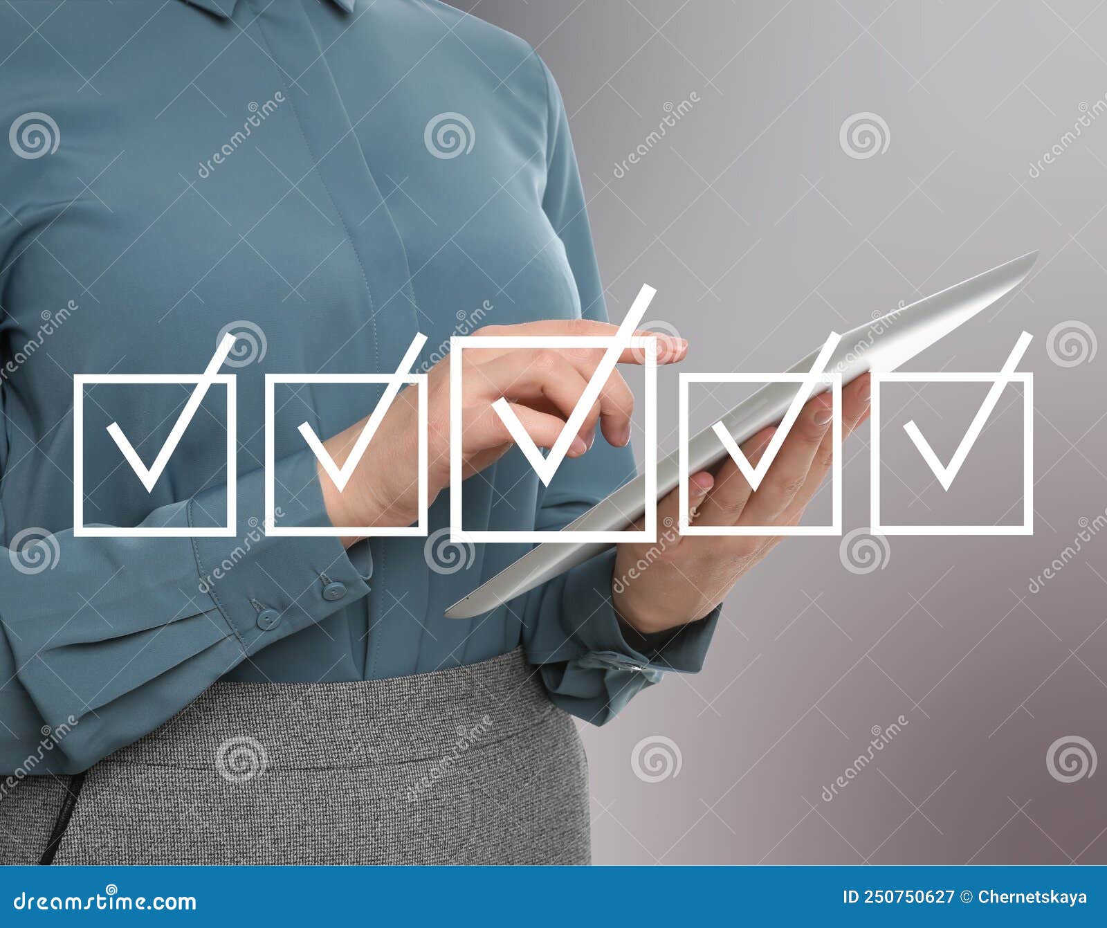 Illustration of Check Boxes with Marks and Woman Using Tablet on Light ...