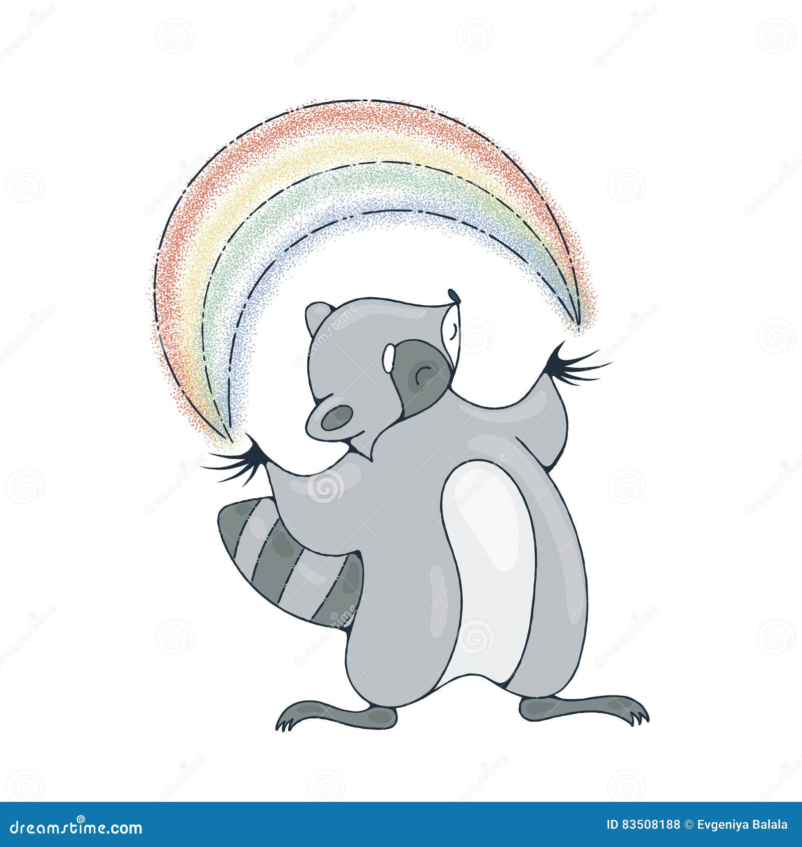 Illustration with a Cheerful Raccoon Playing with a Rainbow Stock ...