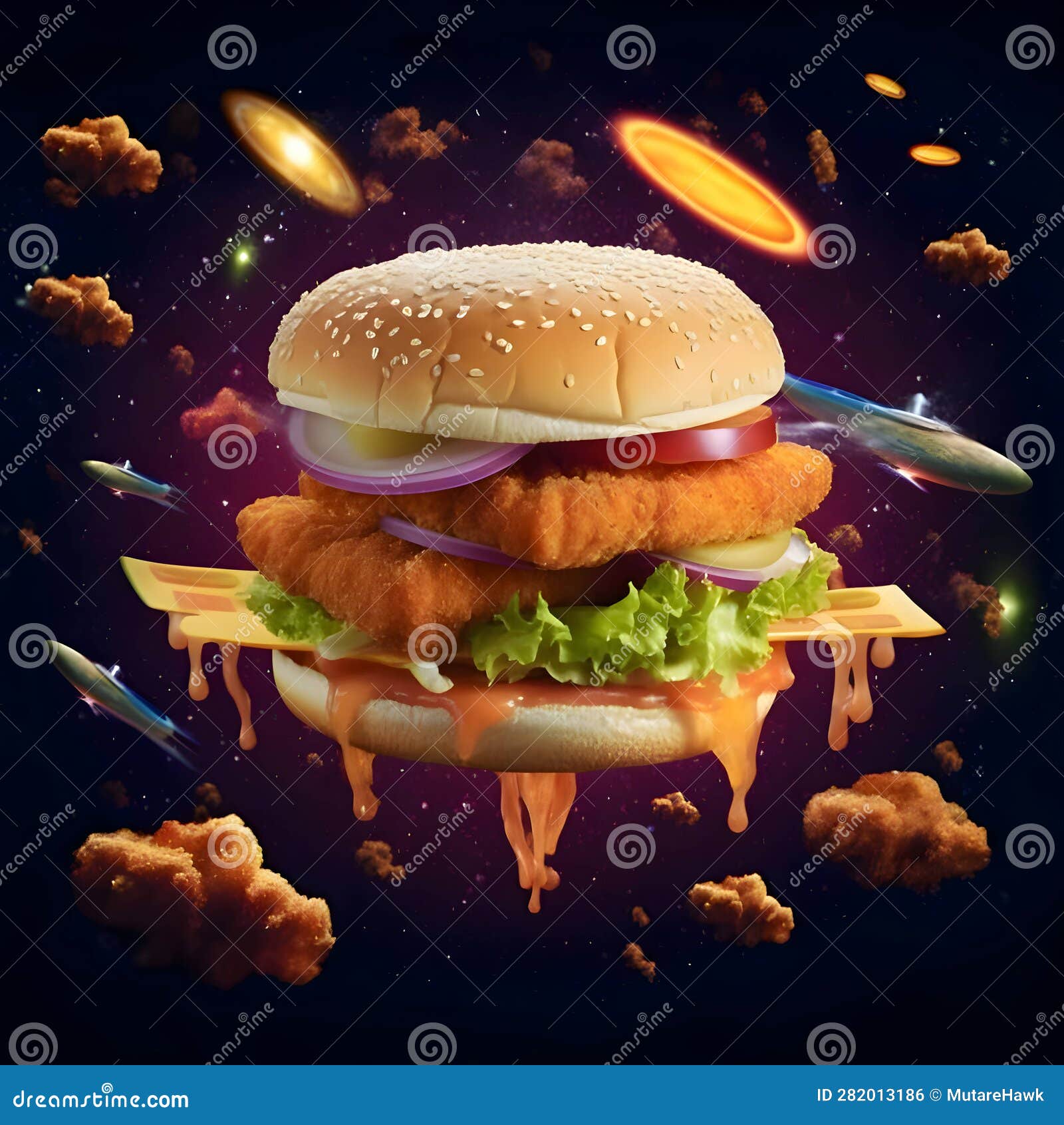 Illustration - Chicken Burger on the Background of Space with Flying ...