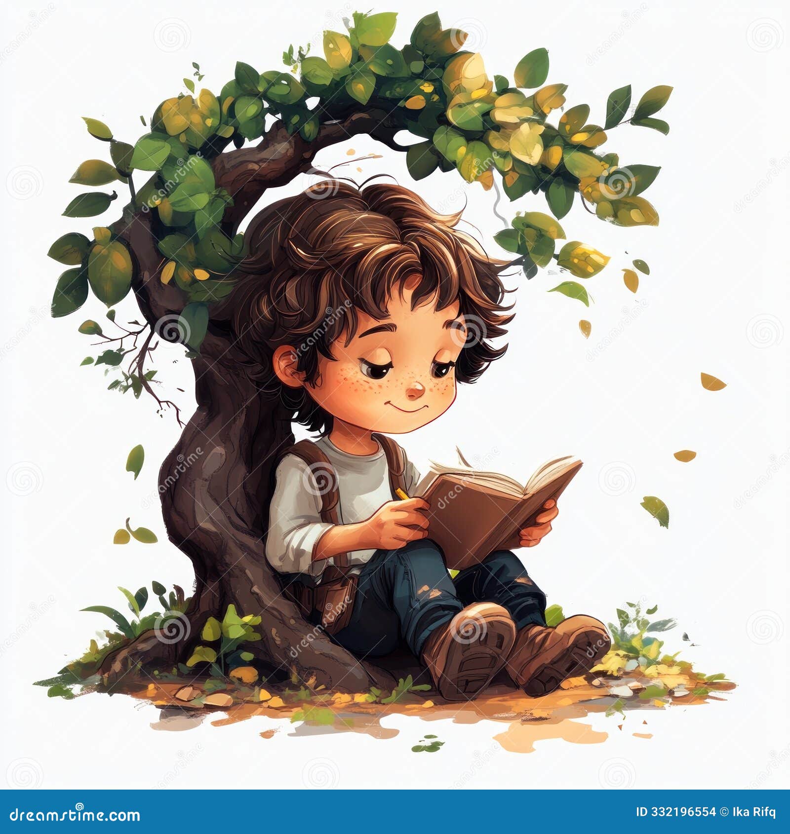 Illustration of a Child Reading Under a Tree Stock Illustration ...