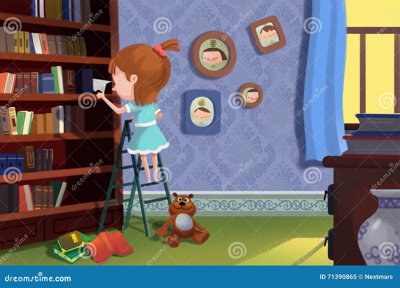 Illustration For Children: Look What I Found On The Book Shelf. Stock ... Illustration For Children: Look What I Found On The Book Shelf. Stock ...