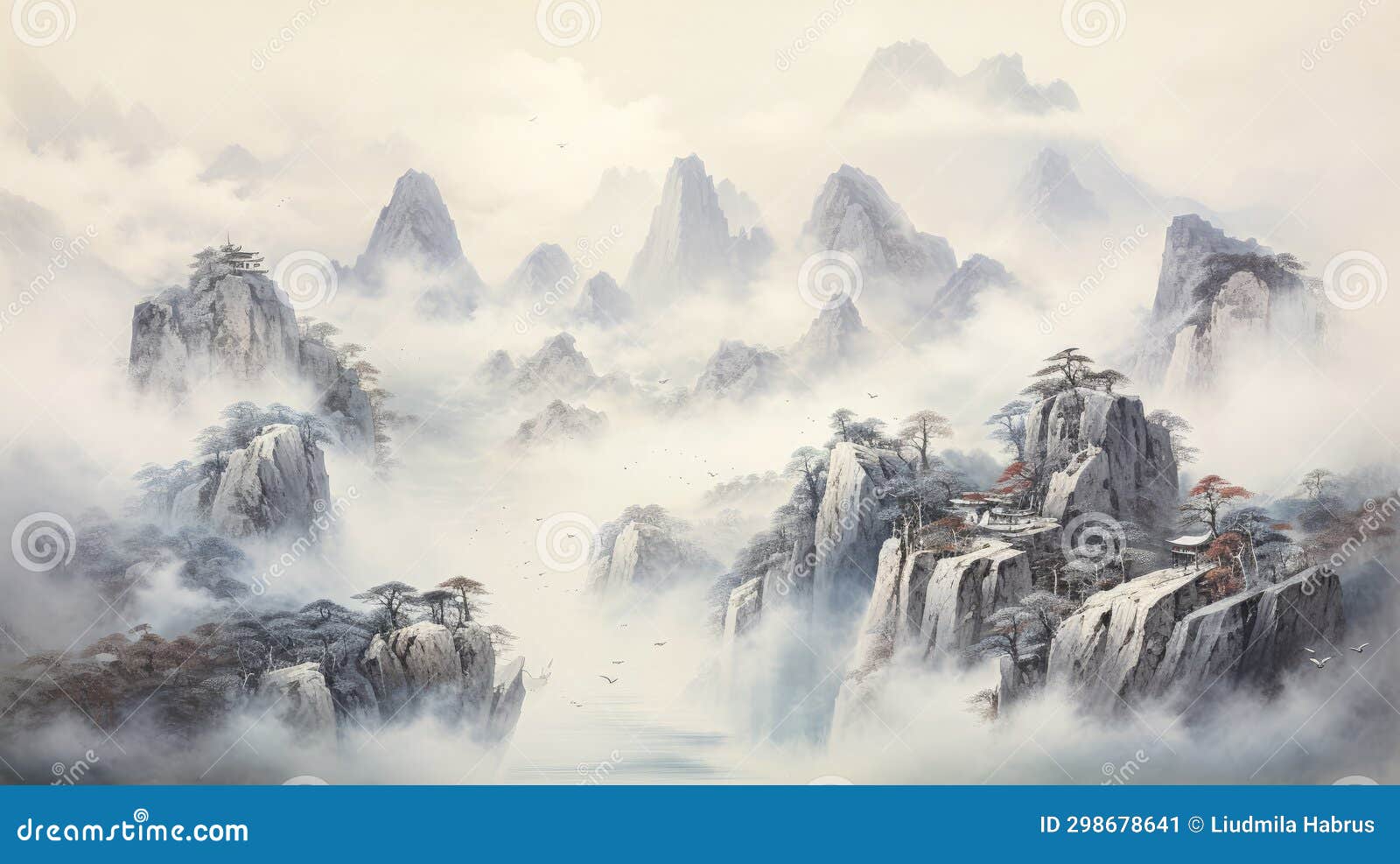 Illustration of a Chinese Temple in the Mist with a Mountain Background ...