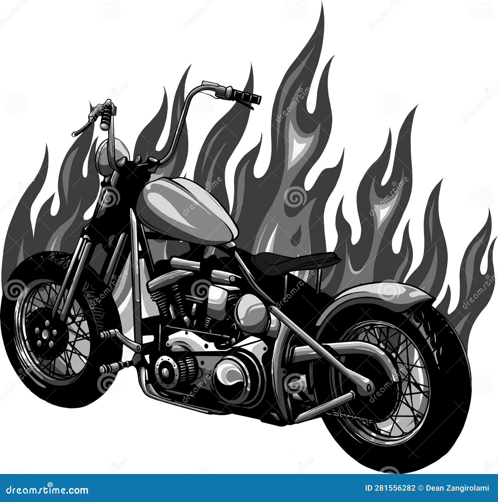 Monochromatic Illustration of Chopper Motorcycle with Fire Flame. Stock ...