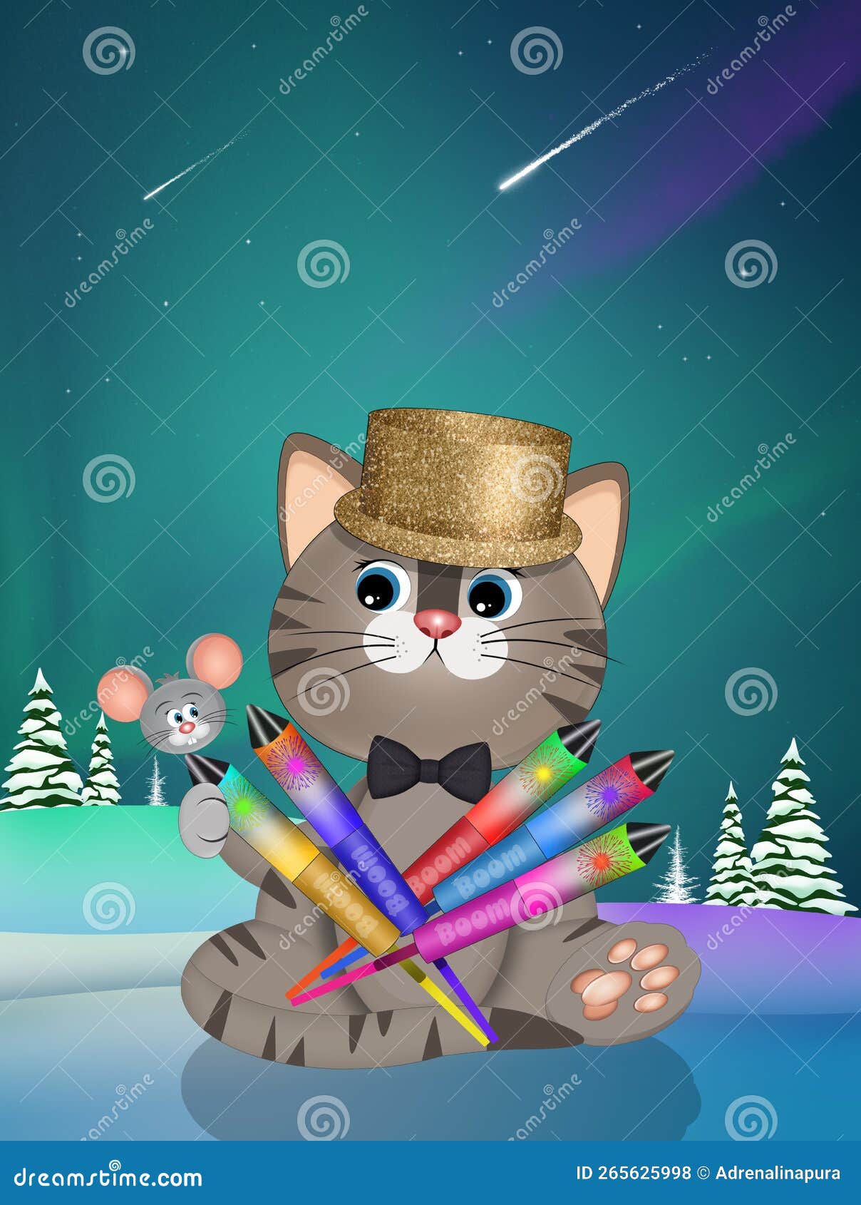 Illustration of Christmas Kitten with Fireworks Stock Photo - Image of ...