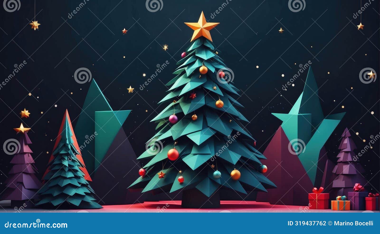 Illustration with Christmas Trees Adorned with Decorations in an ...