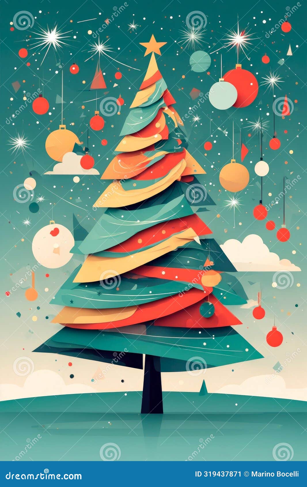 Illustration with Christmas Trees Adorned with Decorations in an ...