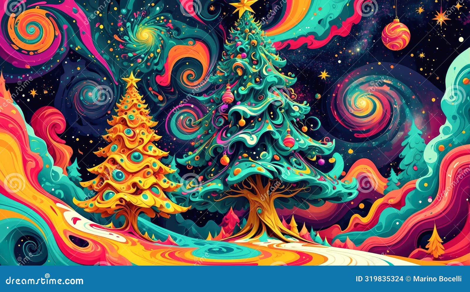 Illustration with Christmas Trees Adorned with Decorations in an ...