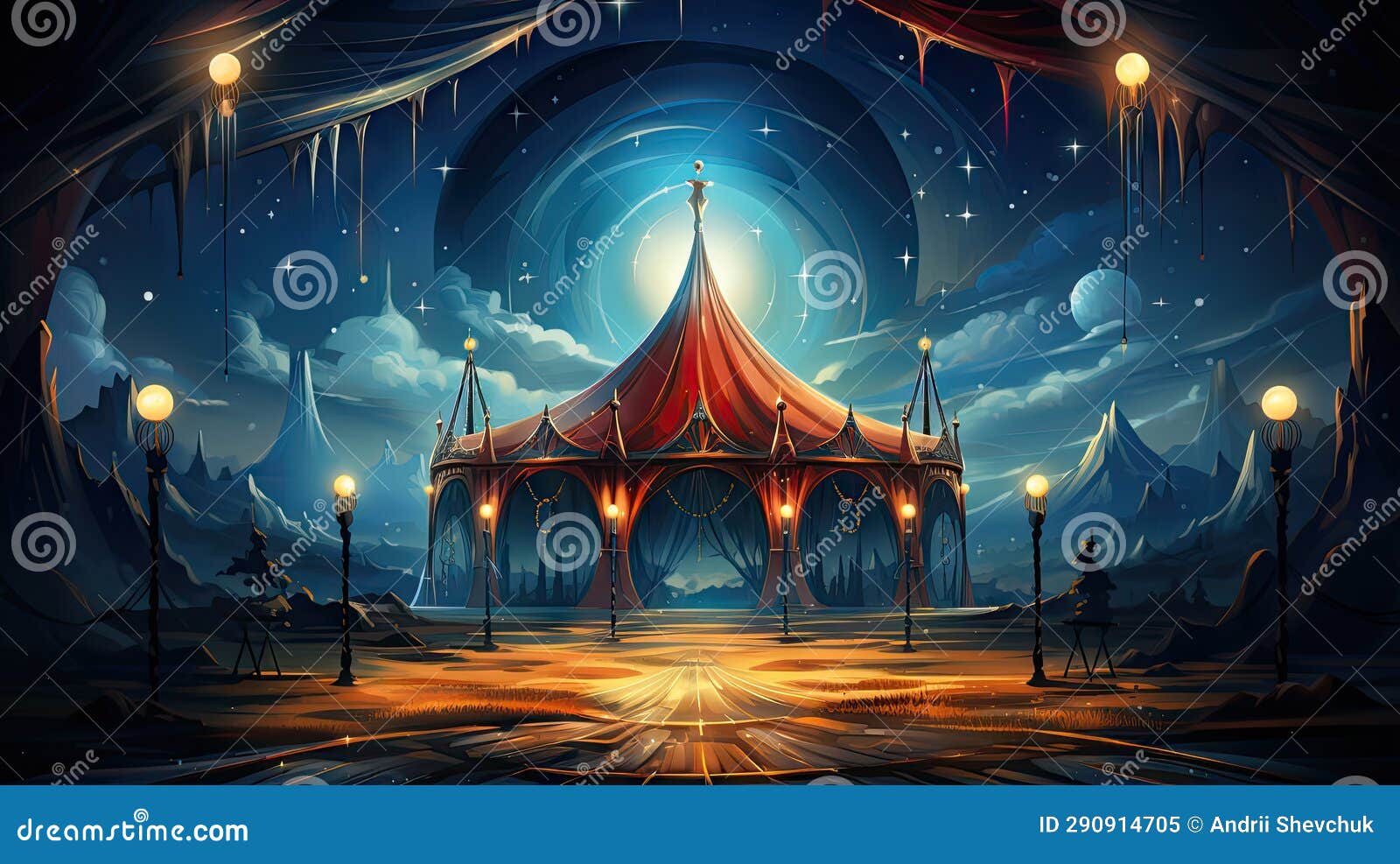 Illustration of a Circus Tent at Night with Full Moon and Stars Stock ...