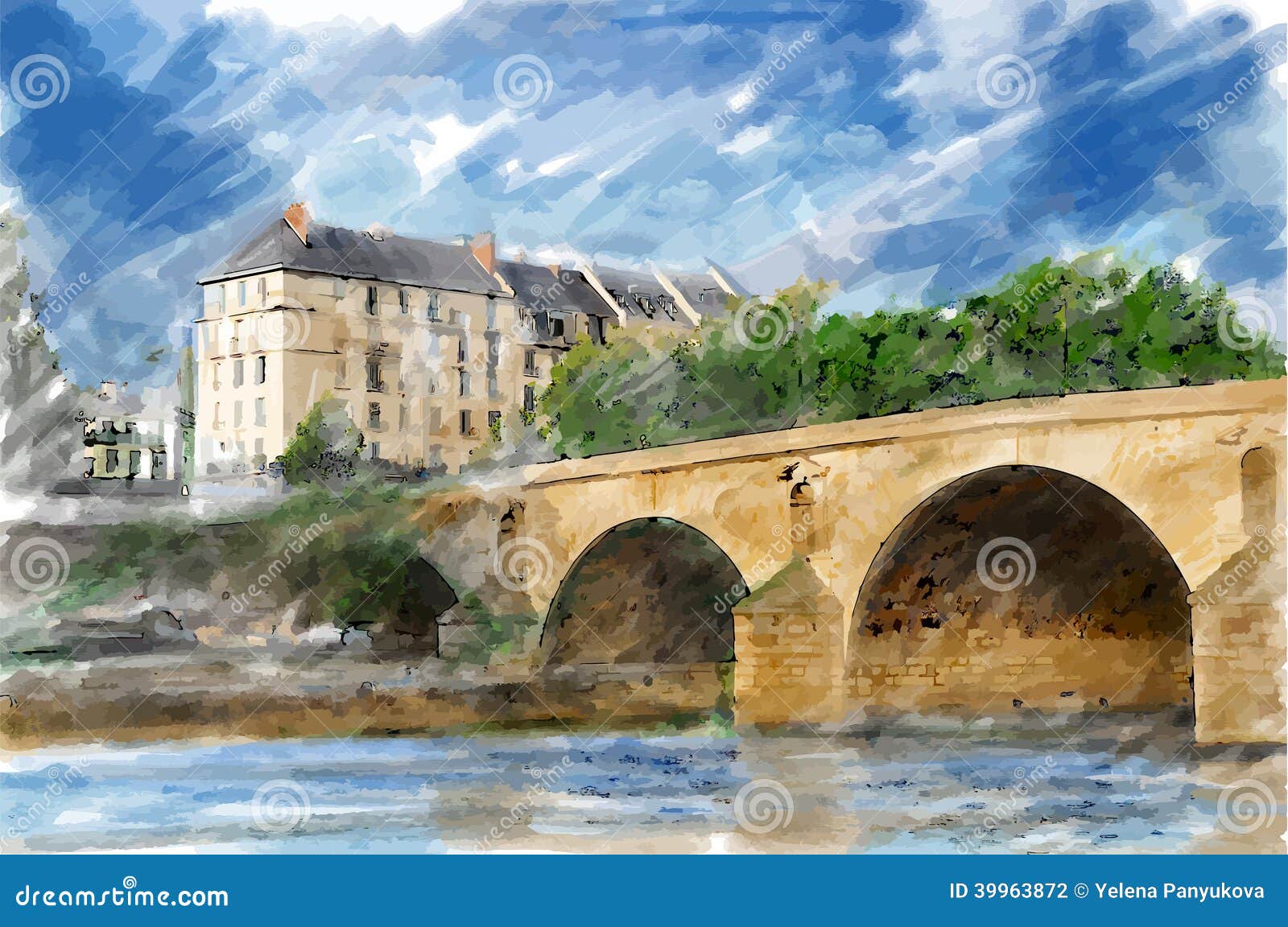 City Bridge Over Water Bay At Night Vector Illustration. Cartoon Flat ...