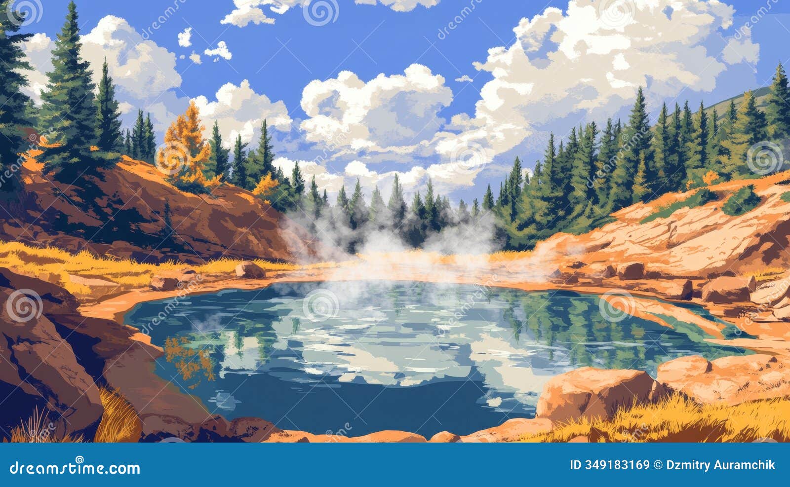 An Illustration of a Classic Japanese Hot Spring, Featuring Geothermal ...