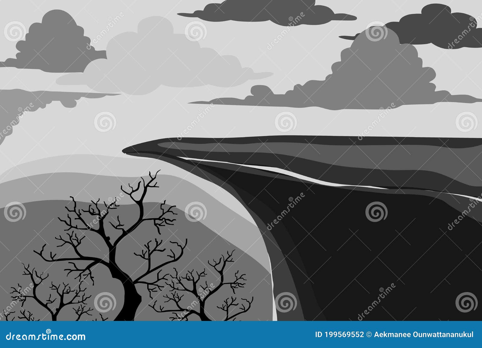 Illustration of Cliff Tree and Clouds, in Gray Tone. Stock Vector ...