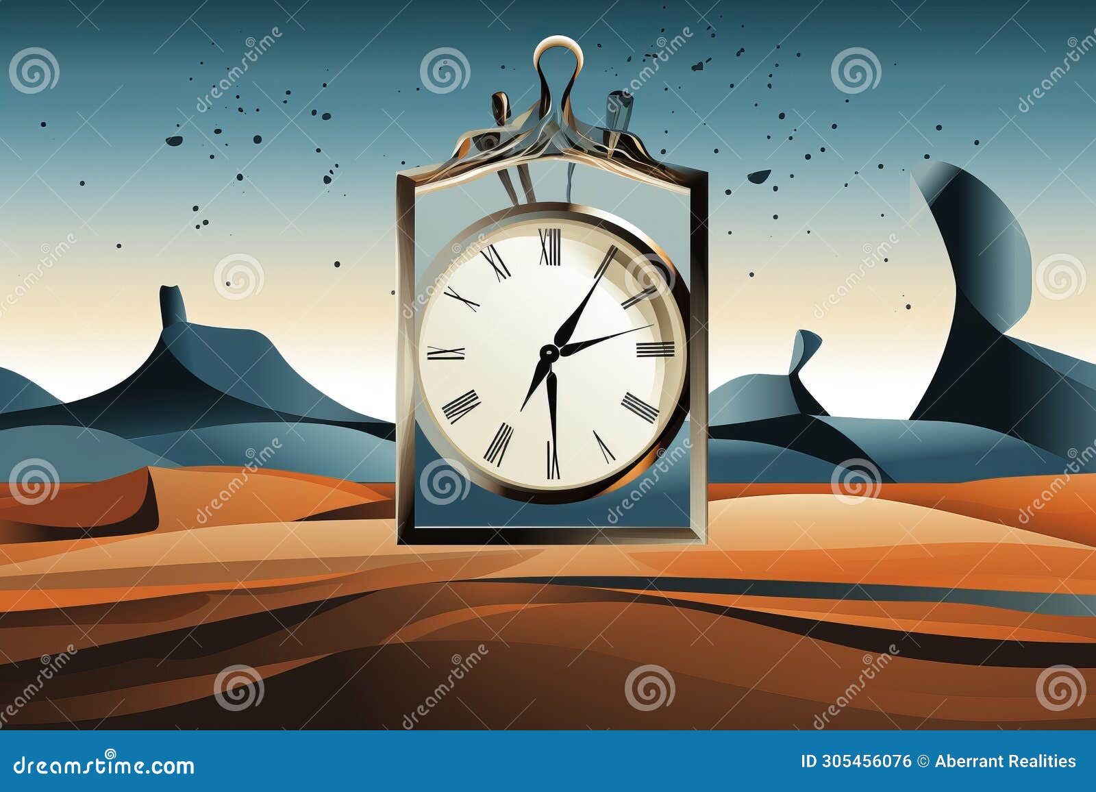 An Illustration of a Clock in the Desert with Mountains in the ...