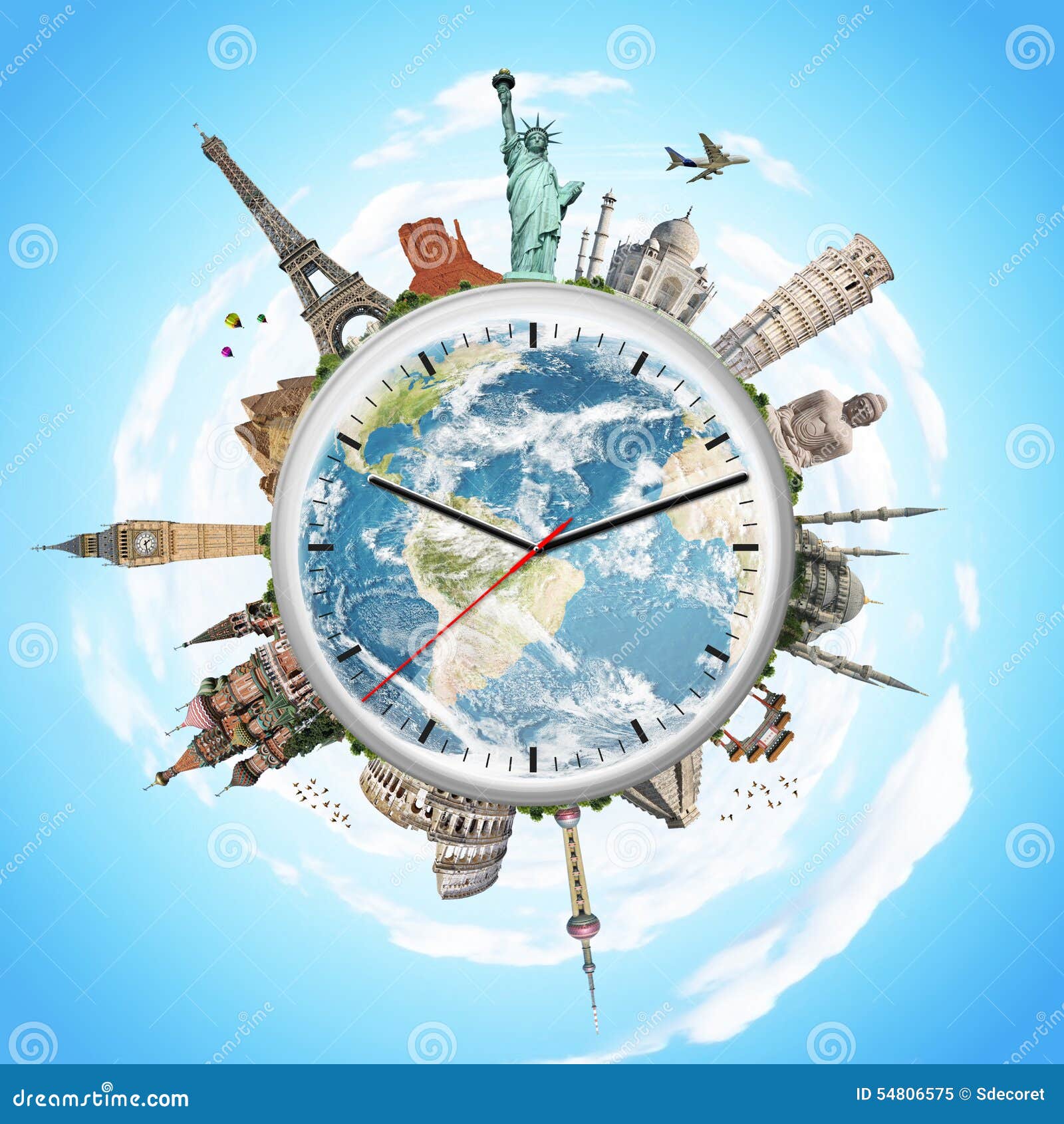 Illustration of a Clock with Famous Monuments Stock Illustration ...