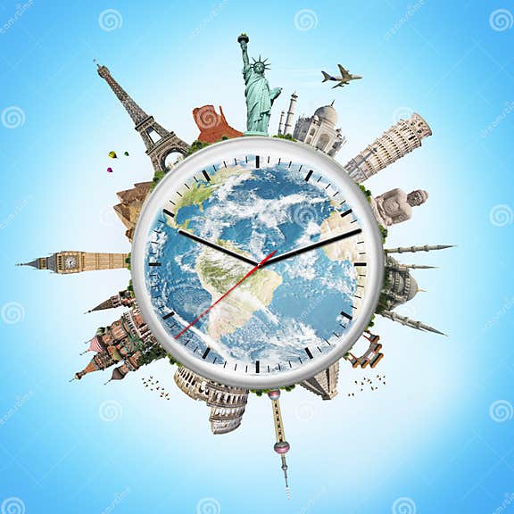 Illustration of a Clock with Famous Monuments Stock Illustration ...