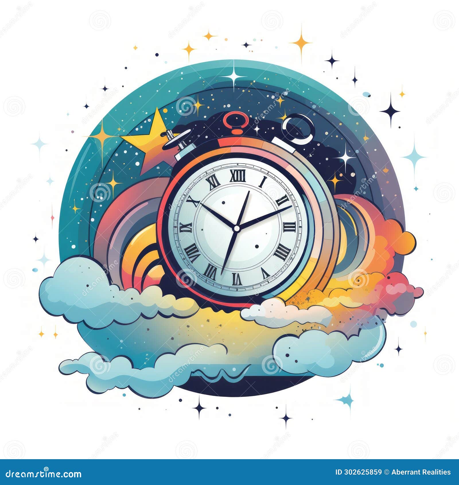 An Illustration of a Clock with Stars and Clouds Stock Illustration ...