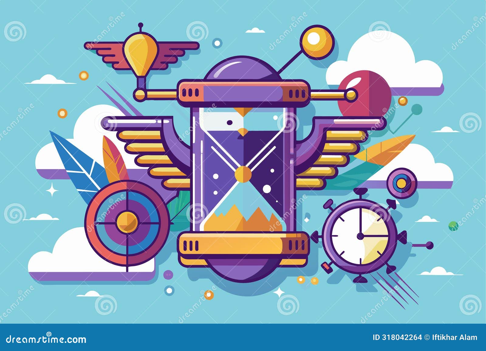 An Illustration of a Clock with Wings Surrounded by Various Objects ...