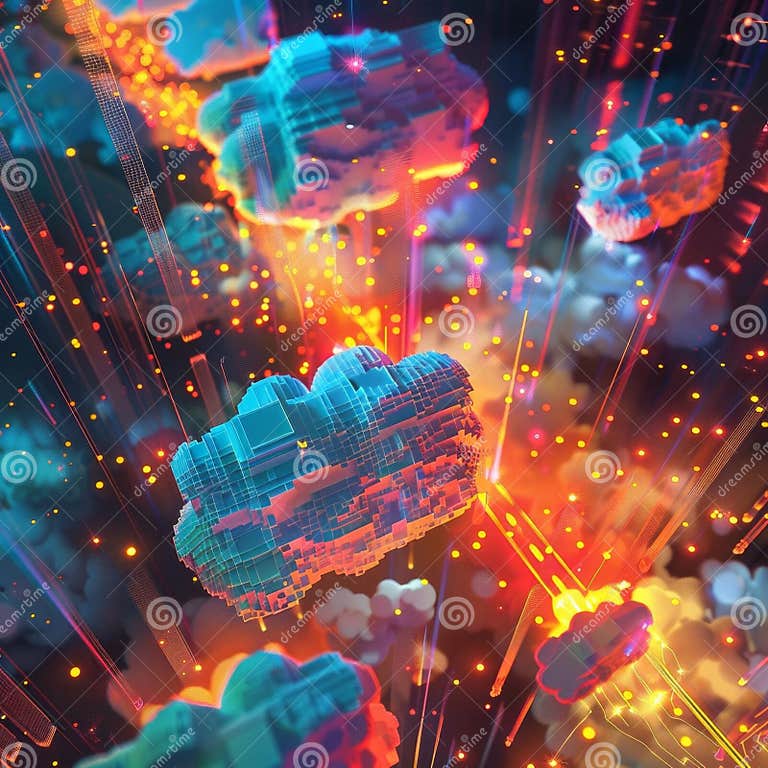 Illustration of Cloud Computing with a 3D Model and an Array of Vibrant ...