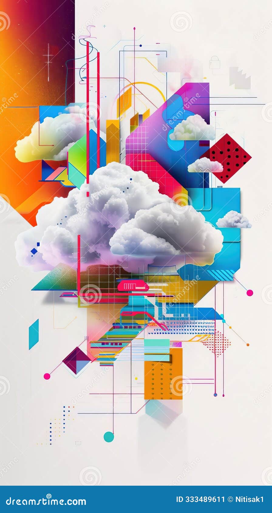 Illustration of Cloud Computing with a 3D Model and an Array of Vibrant ...