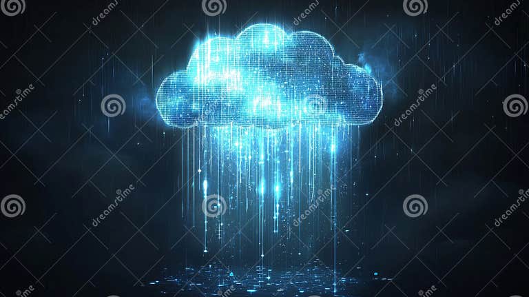 Illustration of Cloud Computing and Digital Rain with a Blue Glow Cloud ...