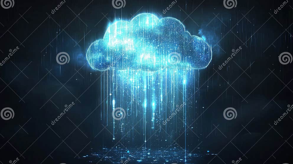Illustration of Cloud Computing and Digital Rain with a Blue Glow Cloud Technology Background ...