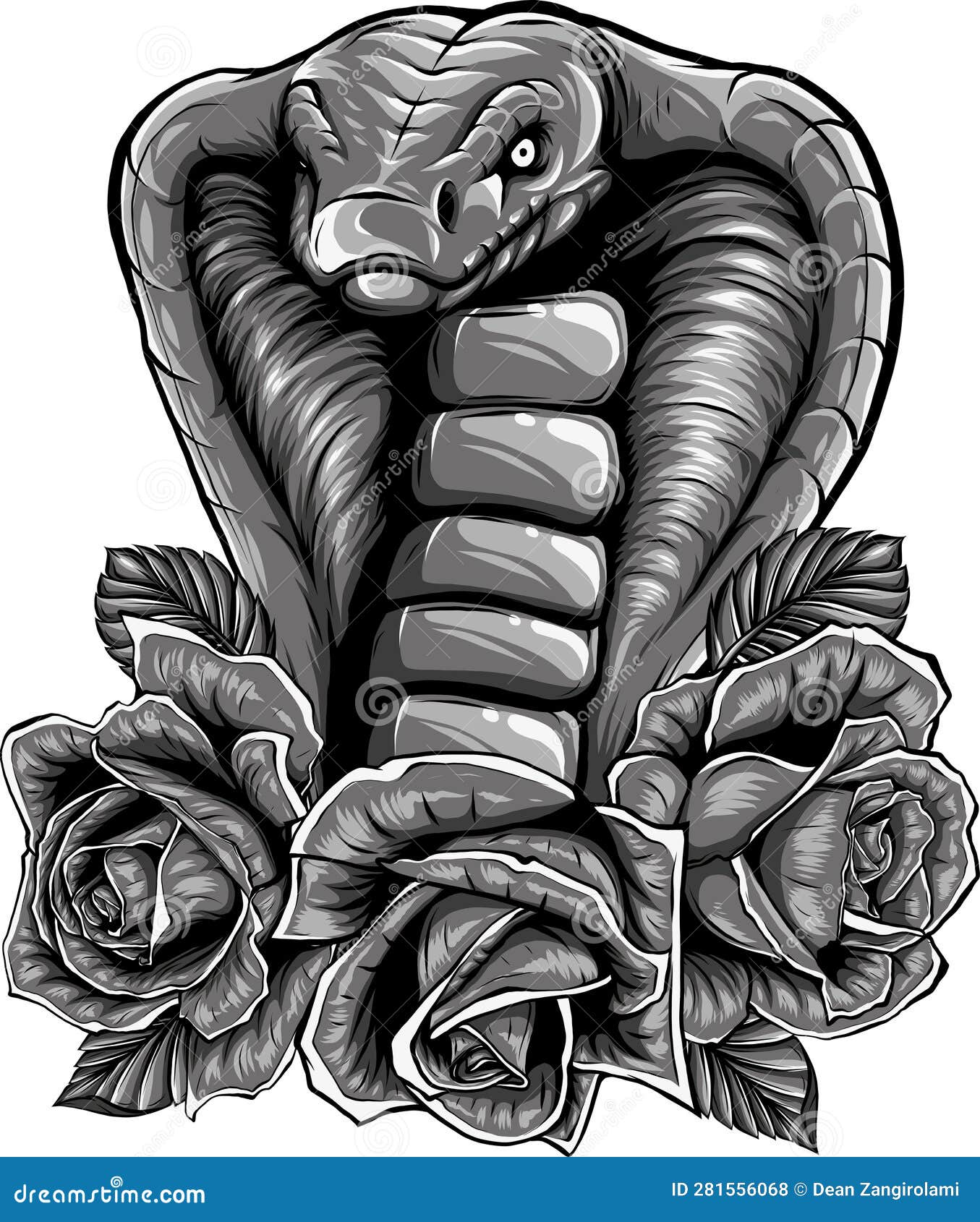 Monochromatic Illustration of Cobra Head with Rose Stock Vector ...