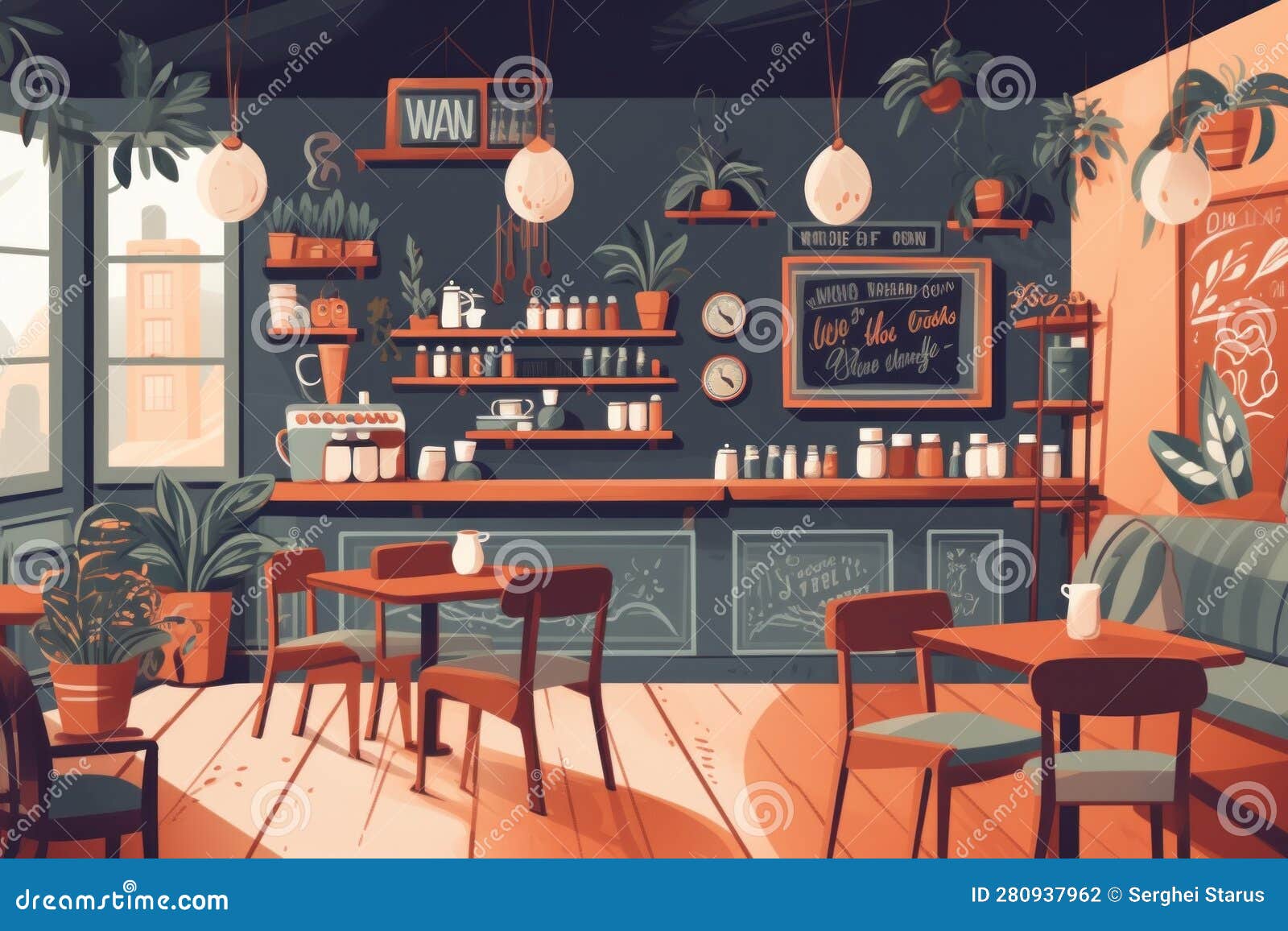 An Illustration of a Coffee Shop with Tables and Chairs. Generative AI ...