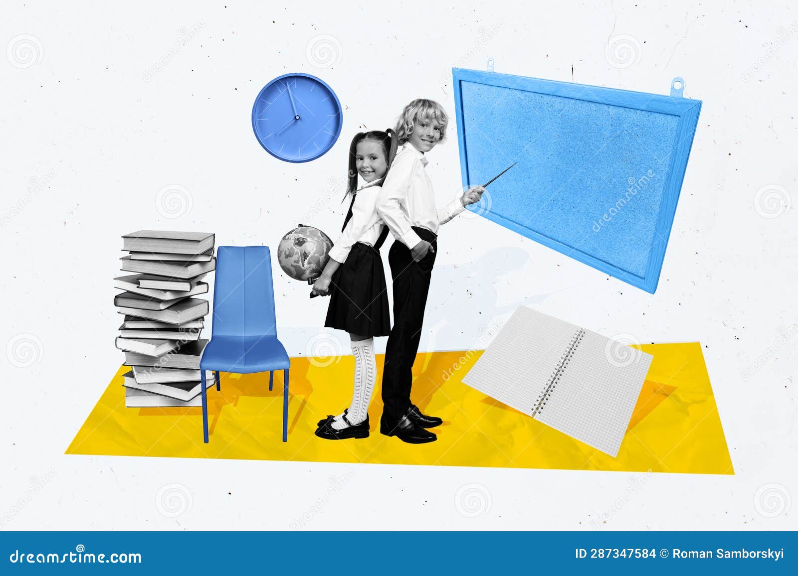 Illustration Collage Template of Funny Two Schoolkids Hold Pointer ...