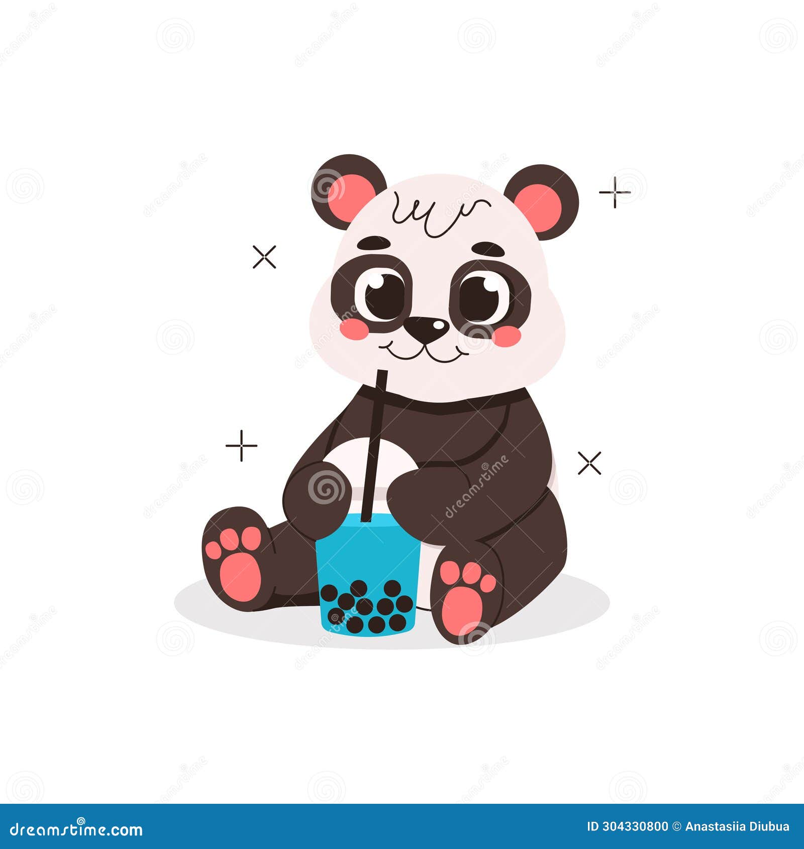 Illustration from a Collection of Cute Animals. Panda Sits and Drinks a ...