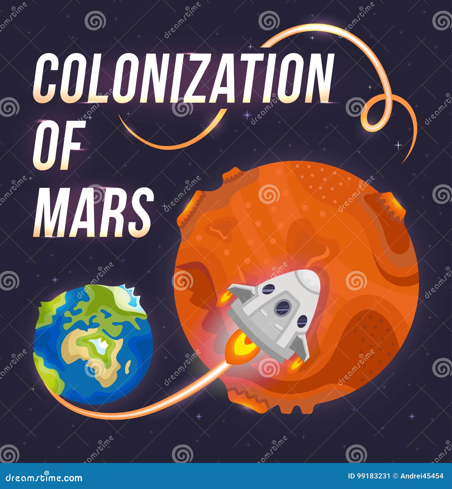Colonization Of Mars: Rocket, Spaceship, Spaceport, Planets Vector ...