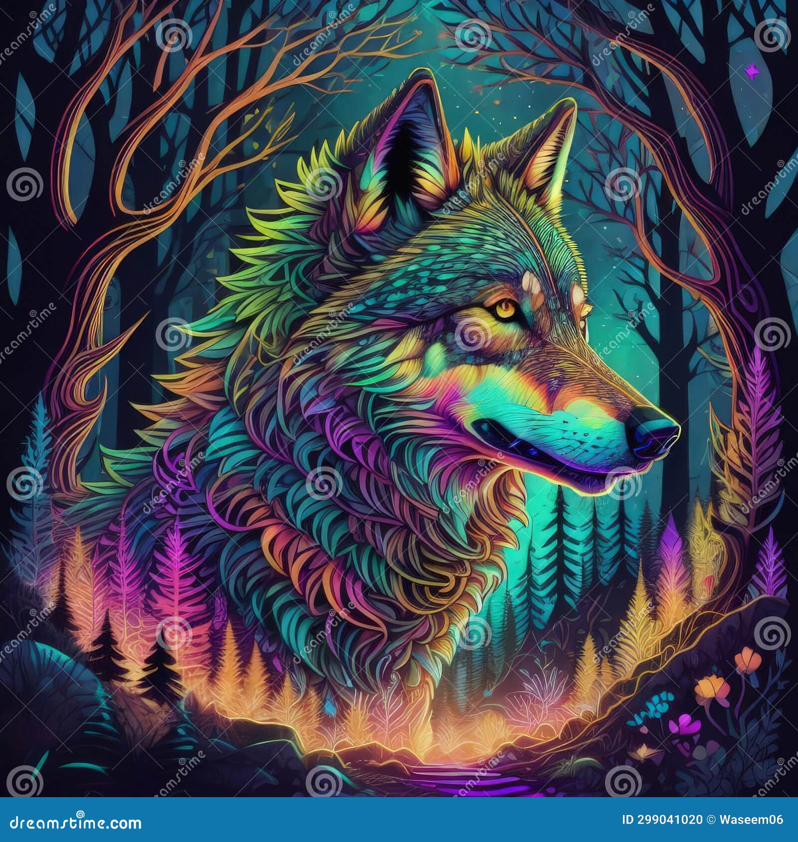 Illustration of Colorful Rainbow Wolf in a Forest at Night. Vector ...