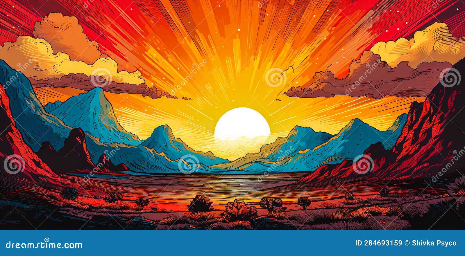 Illustration of Colorful Sunset Landscape with Multiple Mountains ...