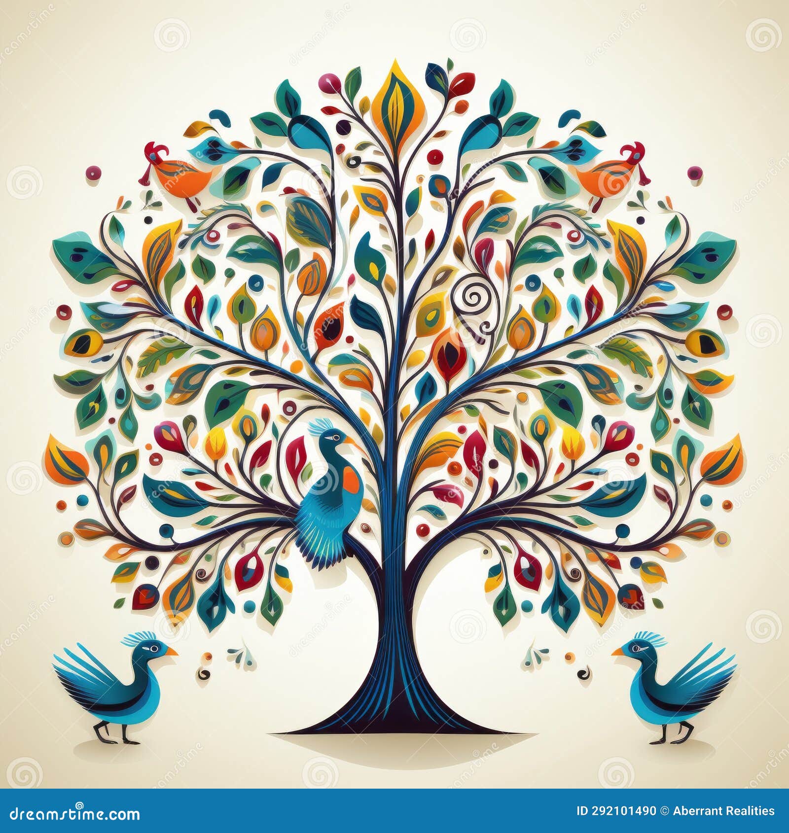 An Illustration of a Colorful Tree with Birds Stock Illustration ...
