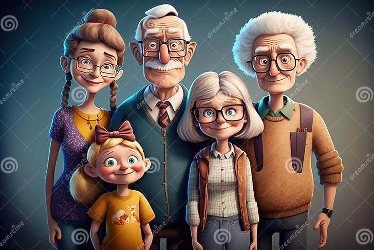 Illustration in Comic Style of an Intergenerational Family. Ai ...