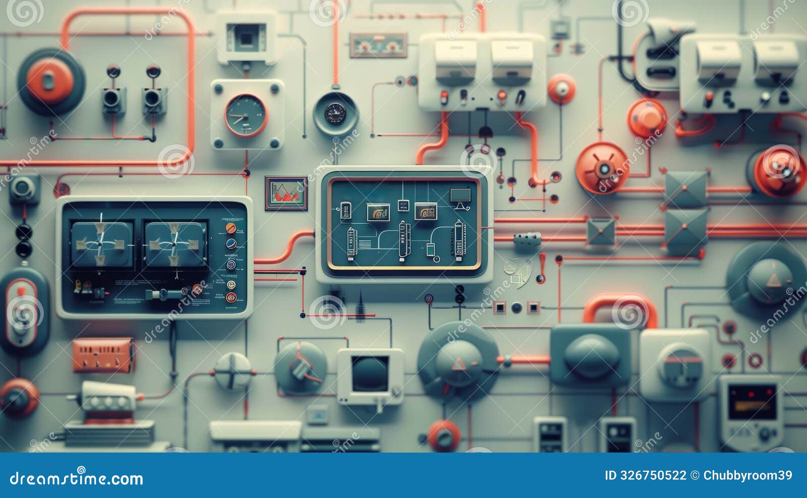 Illustration of a Complex Control Panel with Various Buttons, Dials ...
