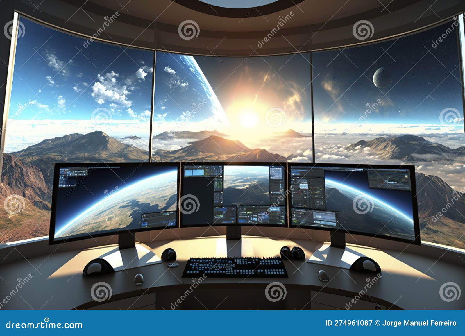 Illustration, Computer Desktop with Multiple Monitors and Sky View, Ai ...