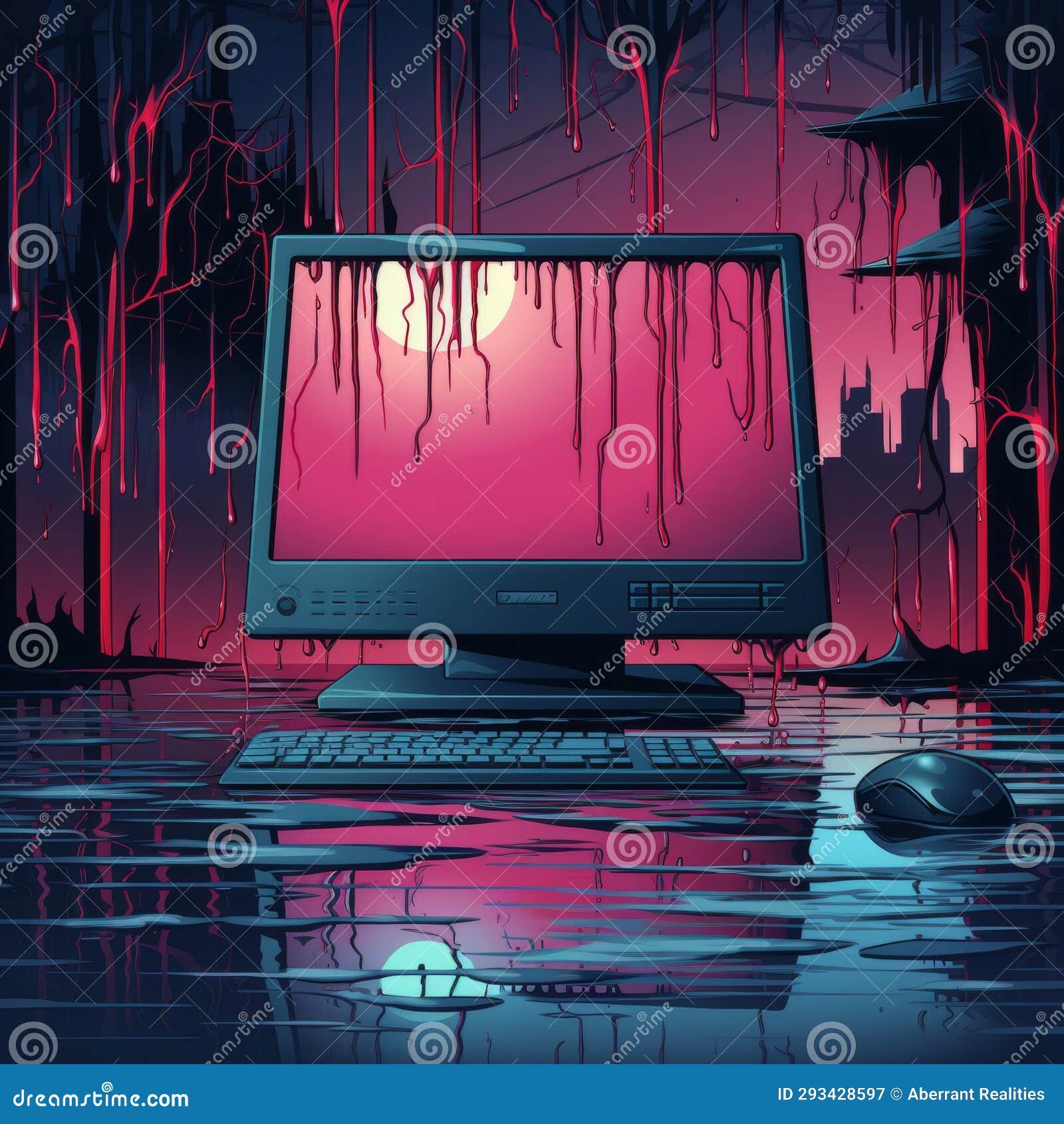An Illustration of a Computer on the Floor with Blood Dripping from the ...