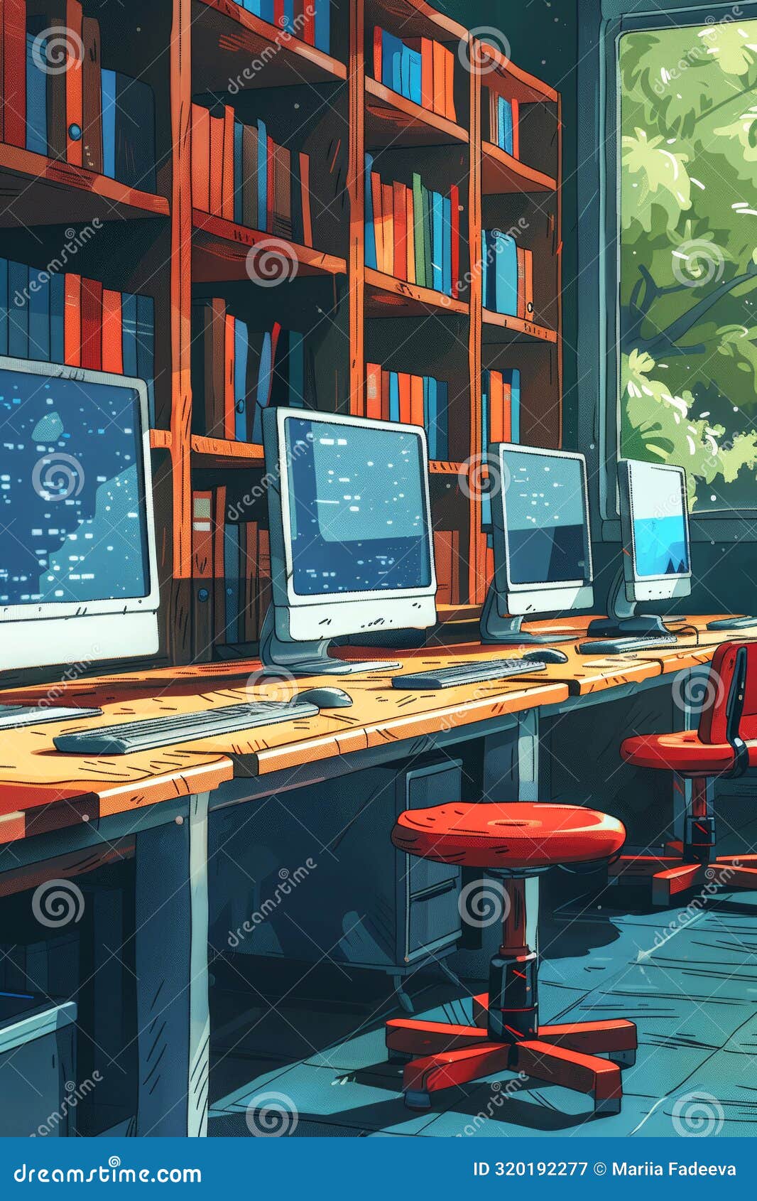 Illustration of a Computer Lab with Multiple Workstations and a Large ...