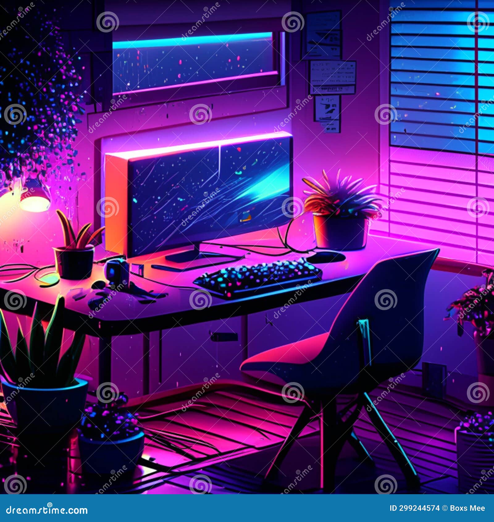 Illustration of a Computer Room with a View of the Night City ...