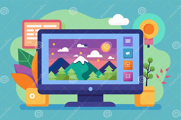Illustration of a Computer Screen Displaying a Mountain Landscape with ...