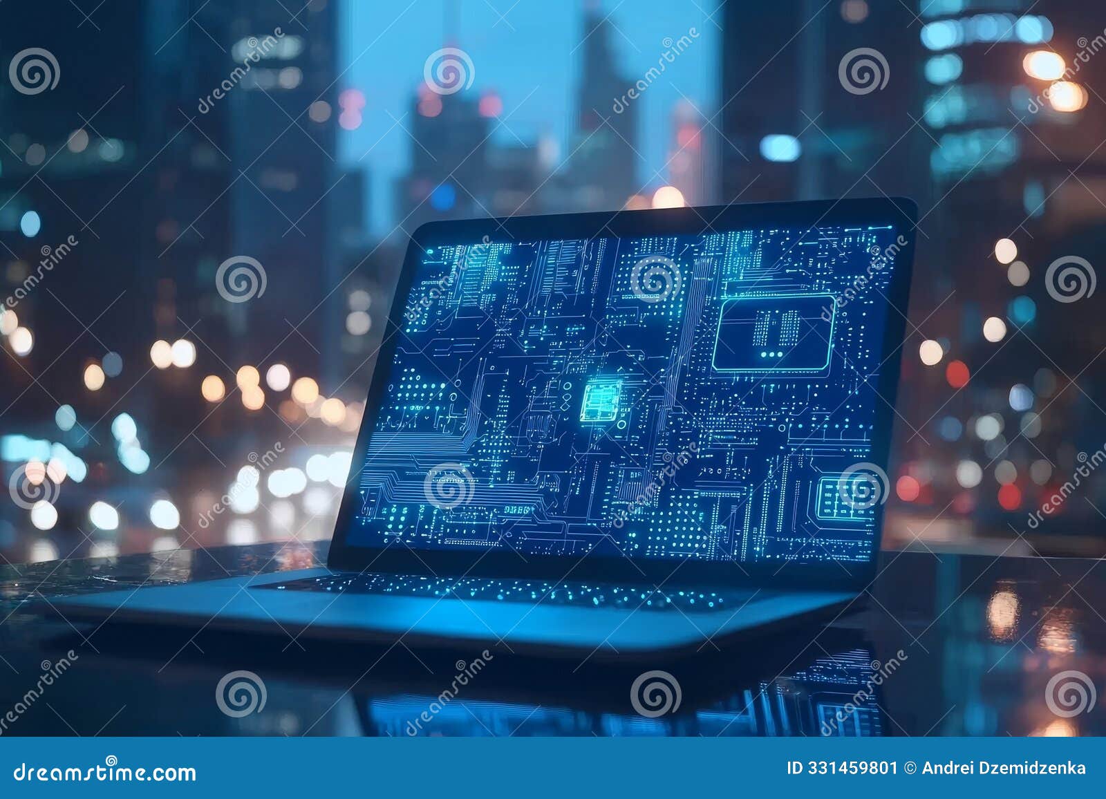 Illustration about Computer Technology with a Neon Laptop. for Cover ...