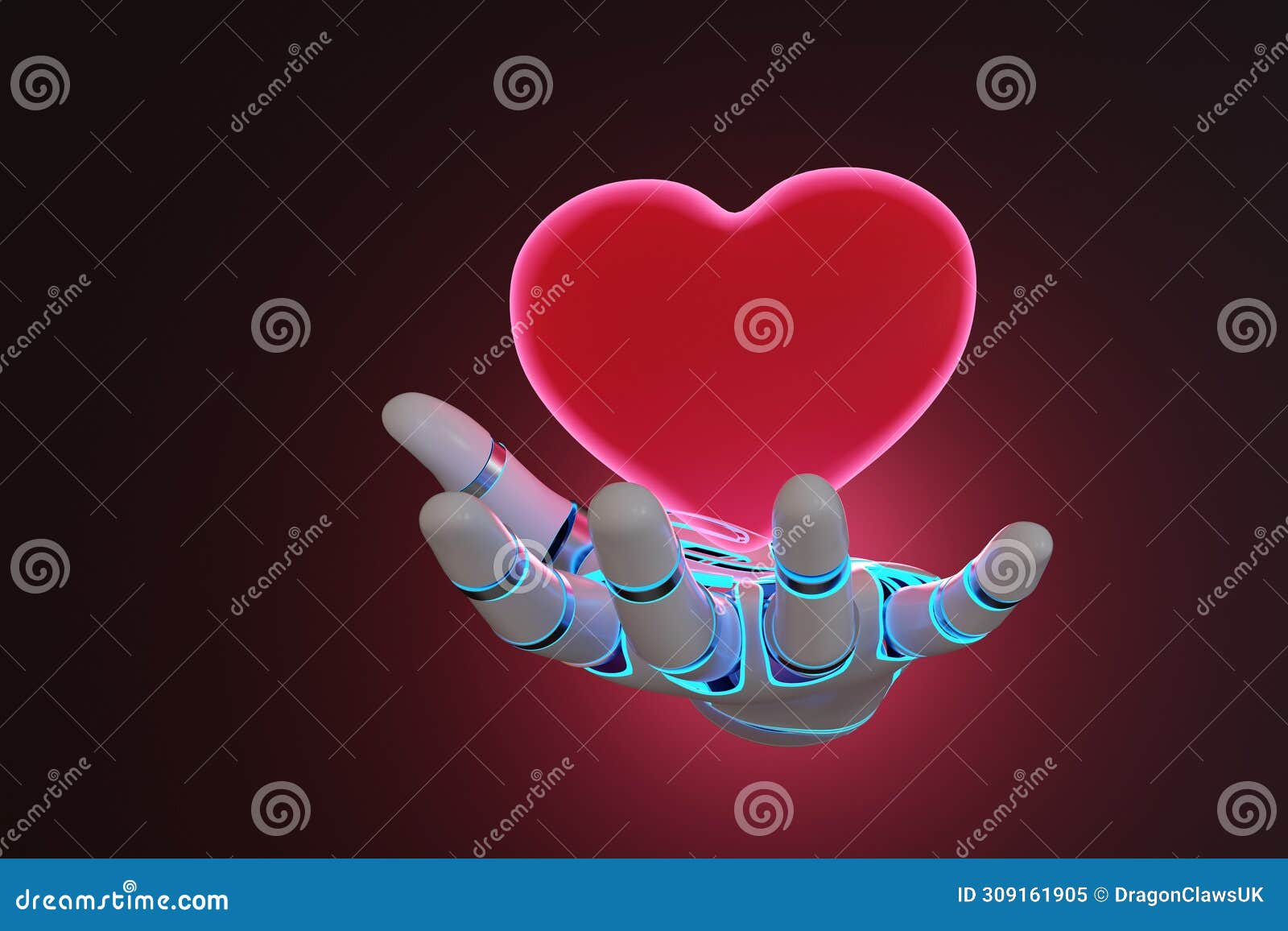 Robotic Arm Having a Glowing Red Heart Floating Above Its Palm on Dark ...