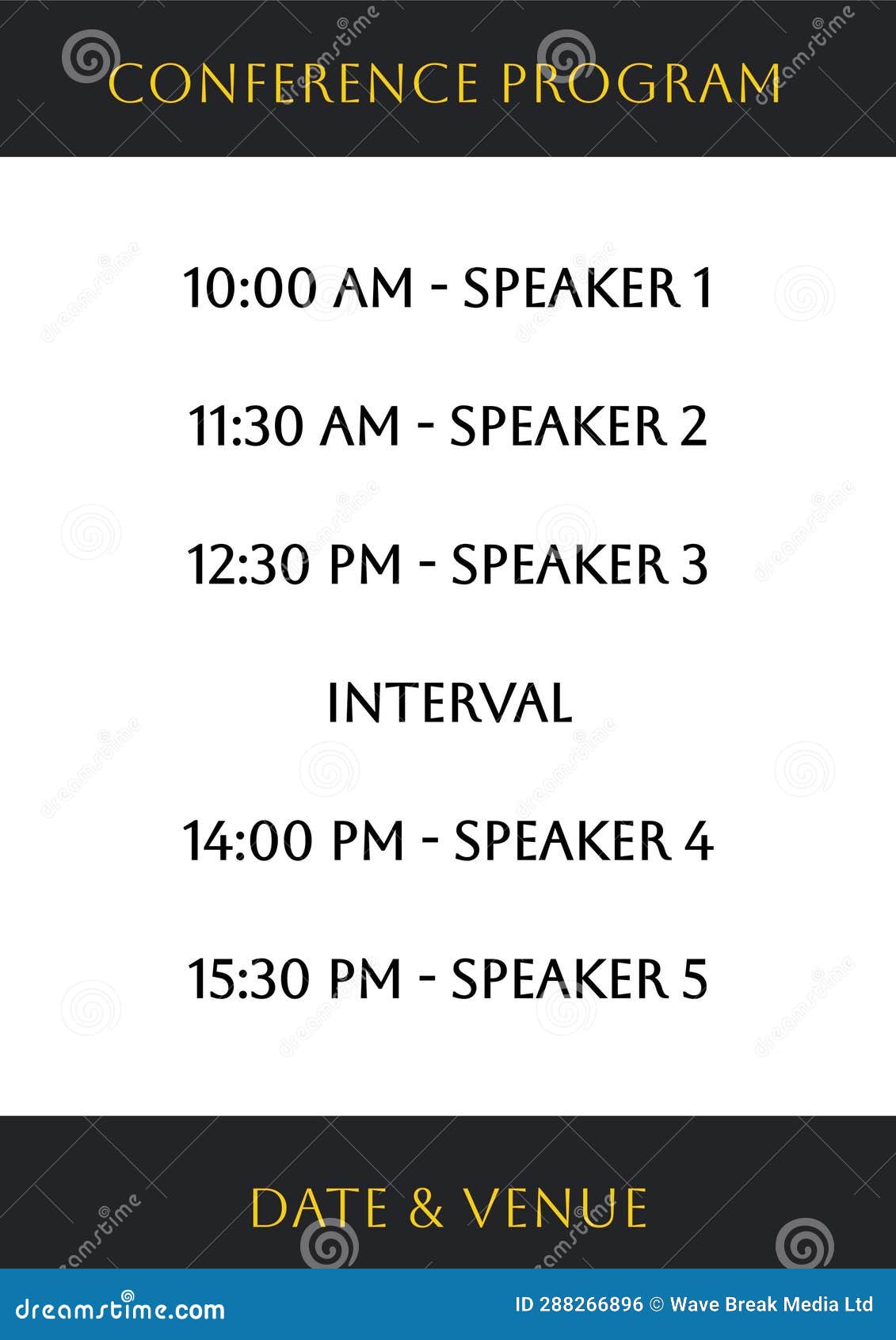 Illustration of Conference Program with Timings, Date, Venue, Speaker 1 ...