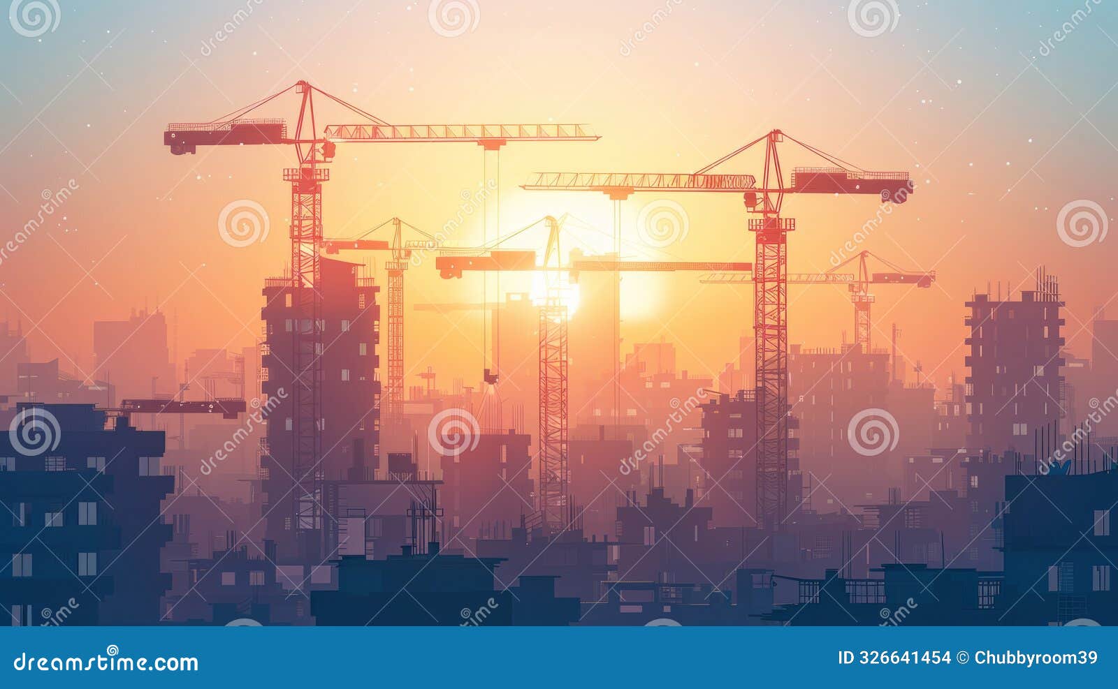 Illustration of a Construction Site Skyline with Multiple Cranes ...