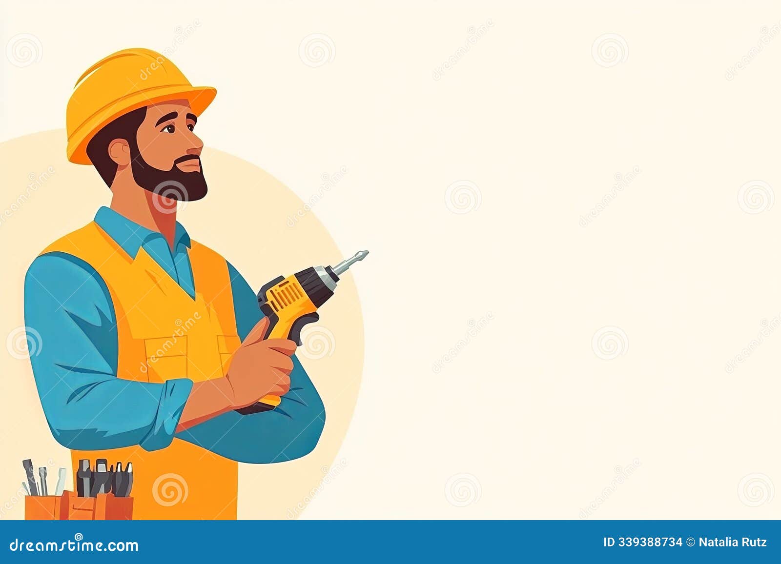 Illustration of a Construction Worker with a Beard, Holding a Power ...