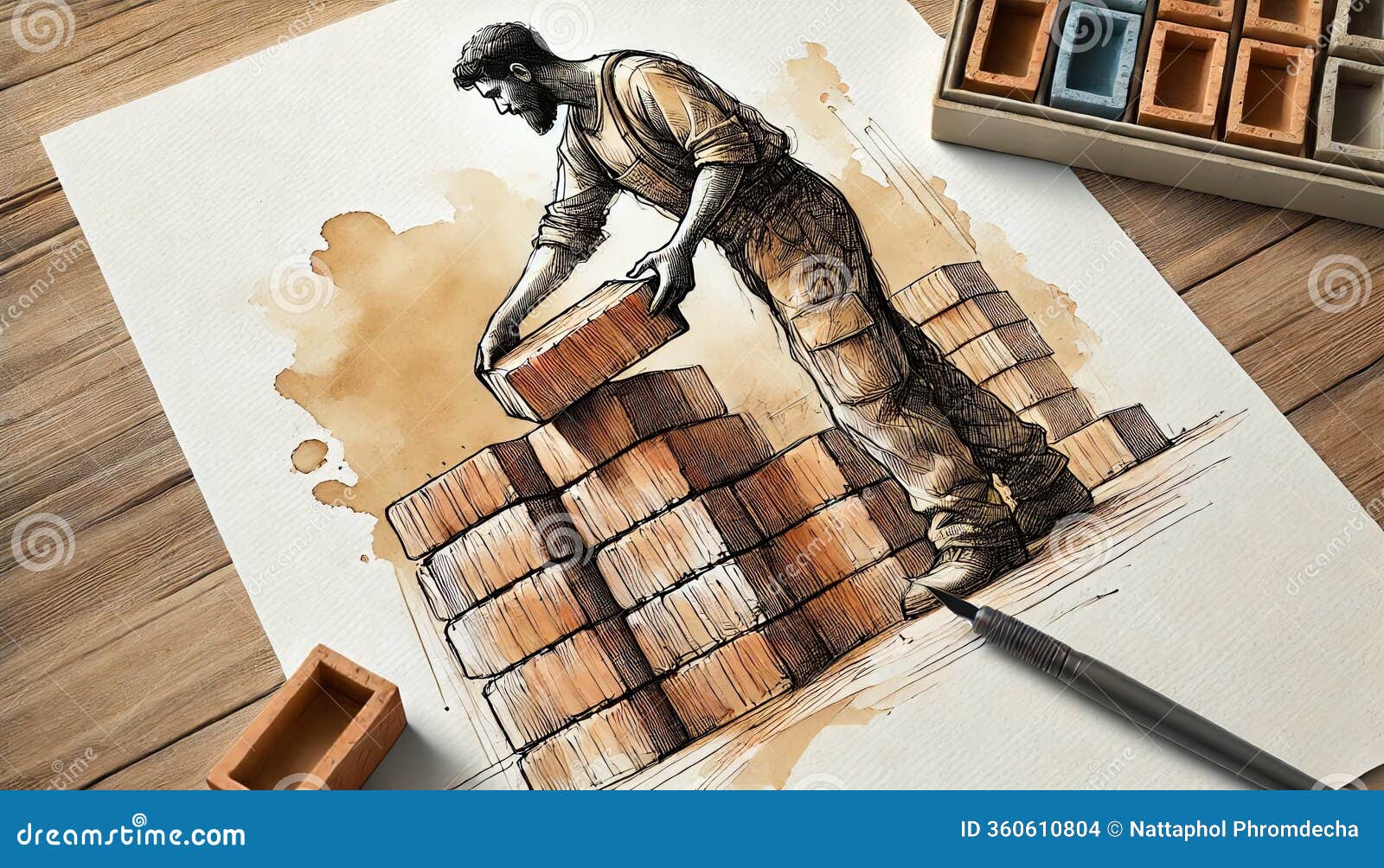 Illustration of a Construction Worker Stacking Bricks Stock ...