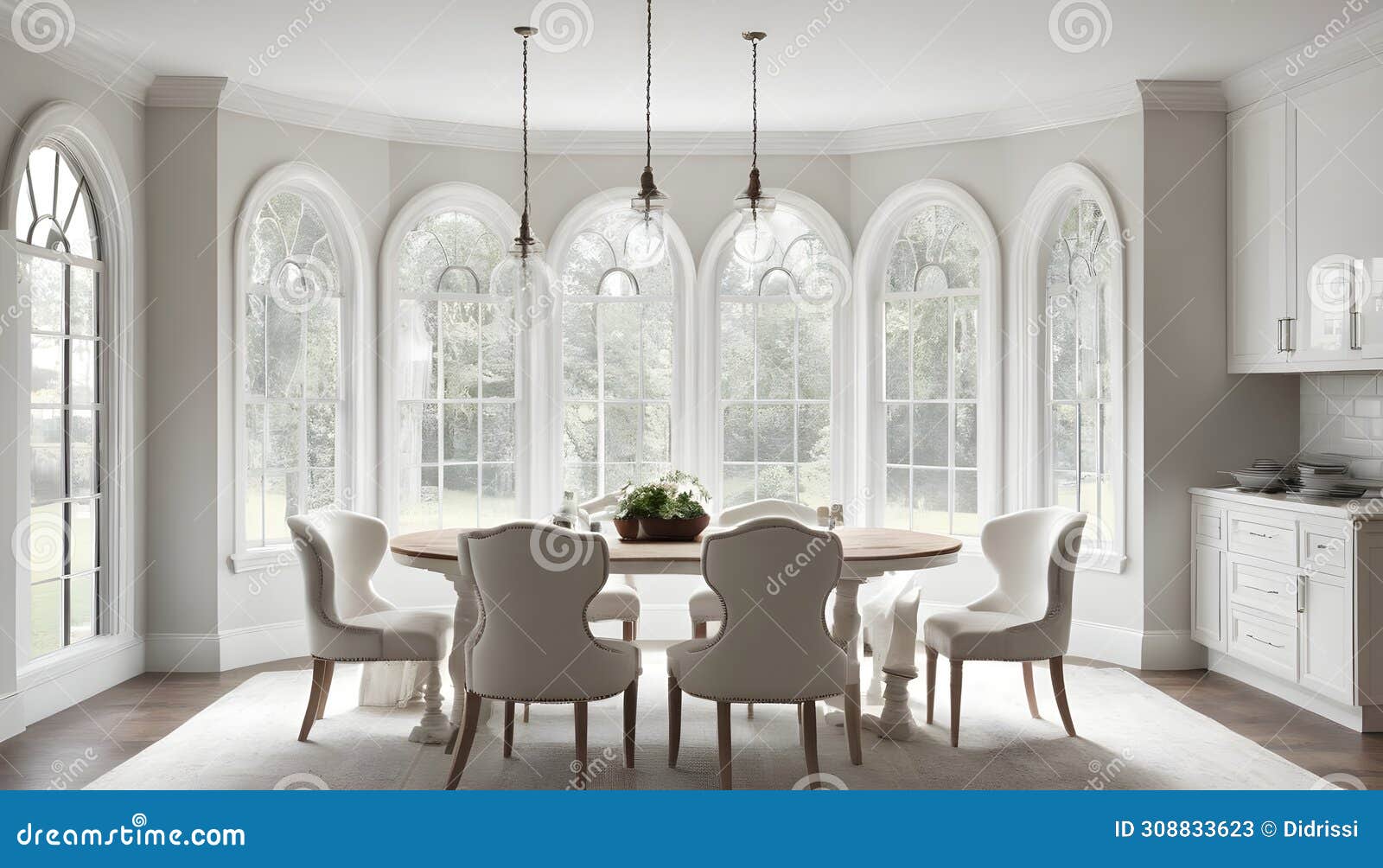 Corner of the White Dining Room with Arched Windows Stock Illustration ...