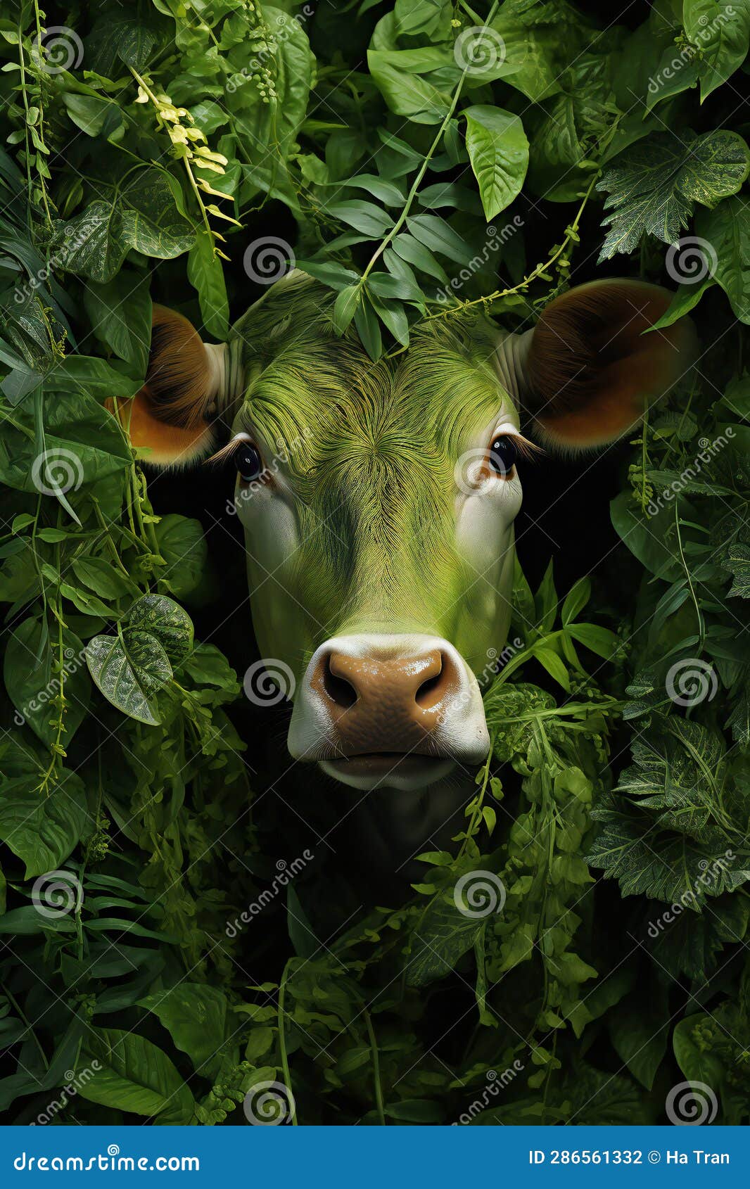 Cow in the Jungle with Green Leaves, Stock Illustration - Illustration ...